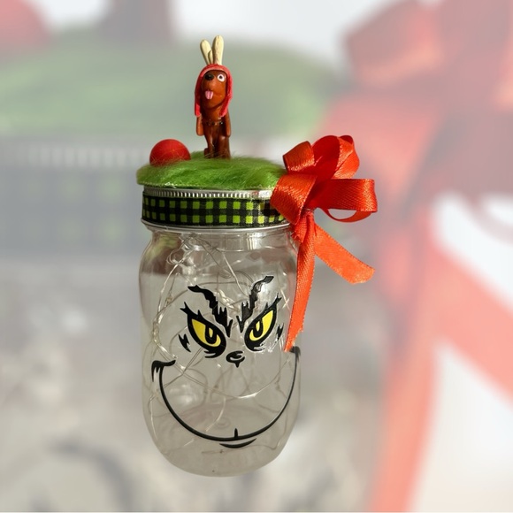 Holiday | Grinch Handmade Led Plastic Holiday Jar With Red Bow | Poshmark